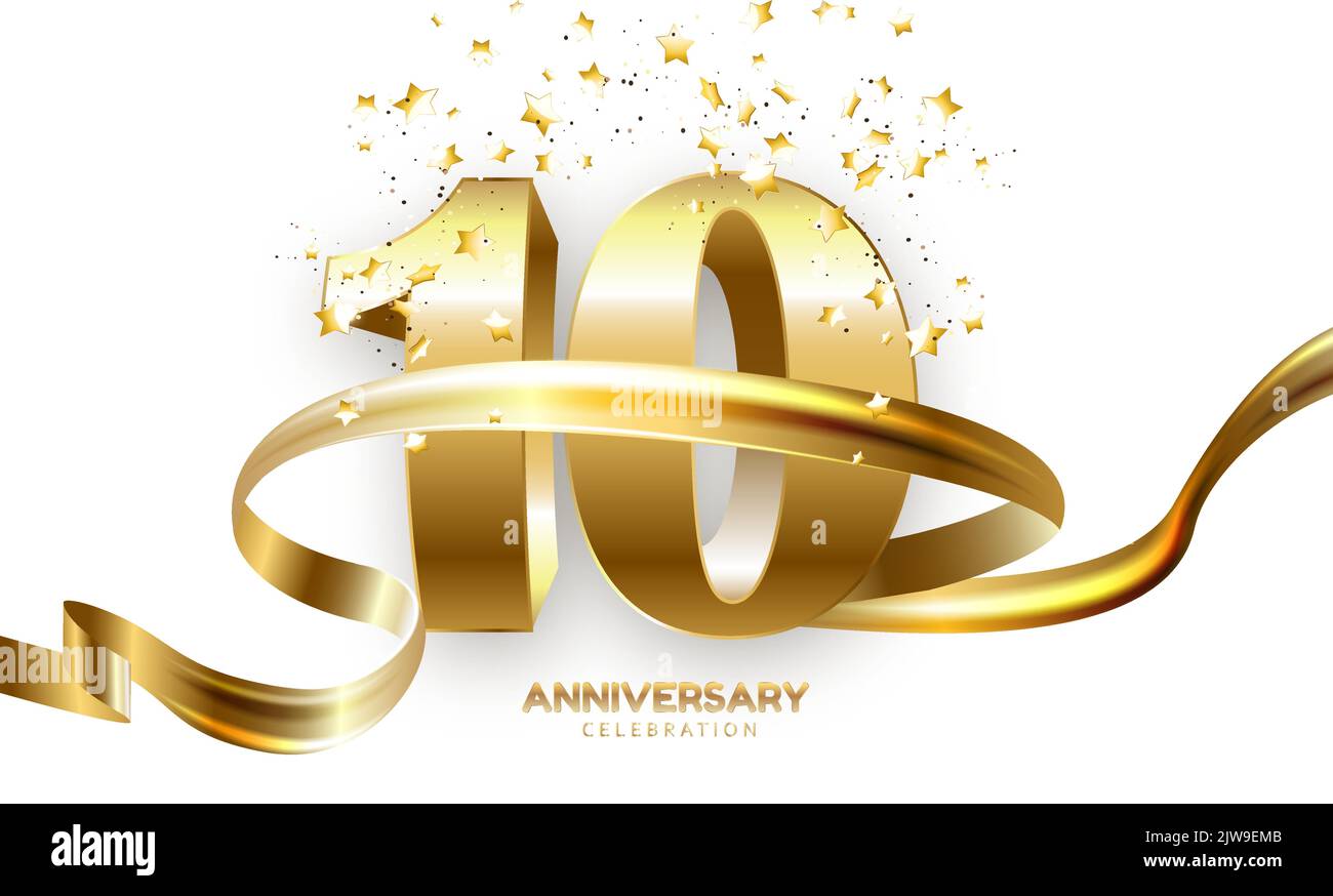 10 Anniversary gold numbers with golden confetti. Celebration 10th ...