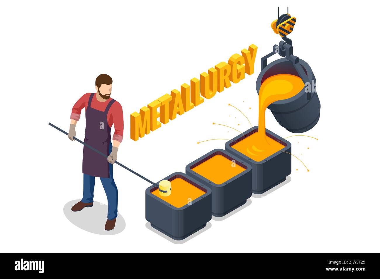 Isometric Forge, blacksmith. Metallurgy. Male character is working in ...