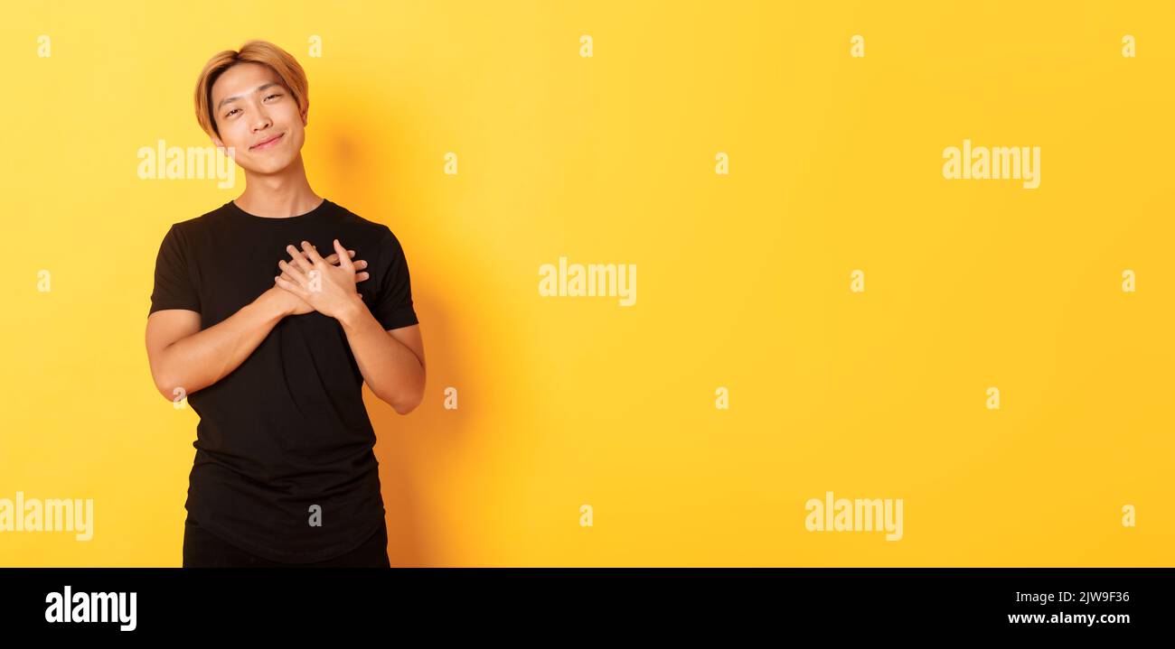 Portrait of touched handsome asian guy holding hands on heart and ...