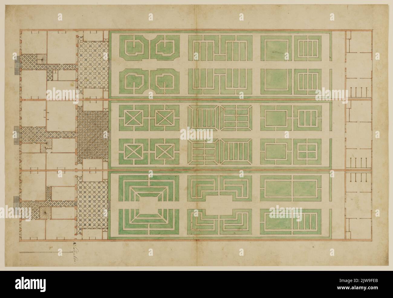 Plans of three canal houses with stable buildings and formal ...