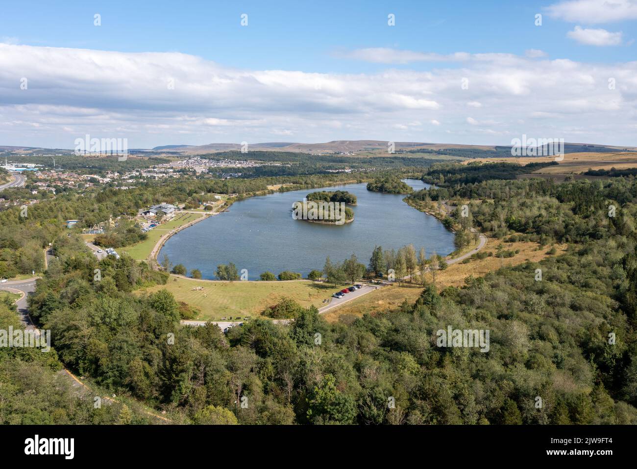 Aerial view of lakes and ponds in Gwent, South Wales, United Kingdom ...
