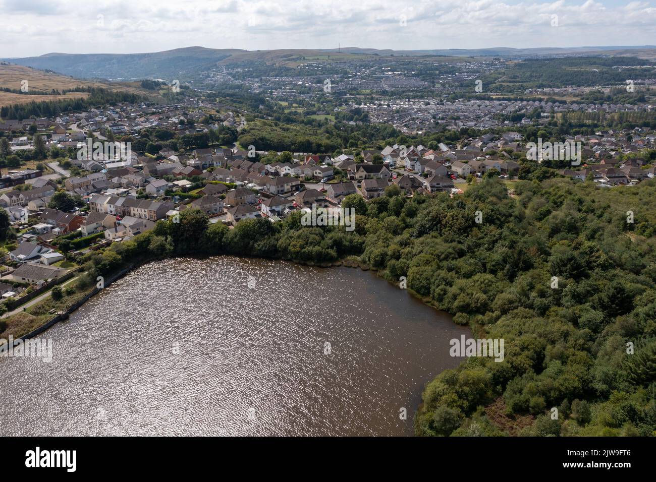 Aerial view of lakes and ponds in Gwent, South Wales, United Kingdom ...