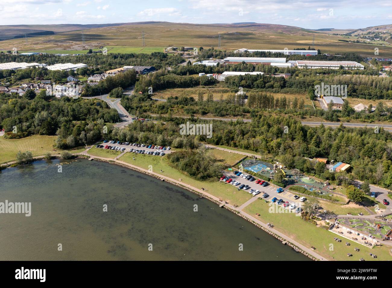 Aerial view of lakes and ponds in Gwent, South Wales, United Kingdom ...