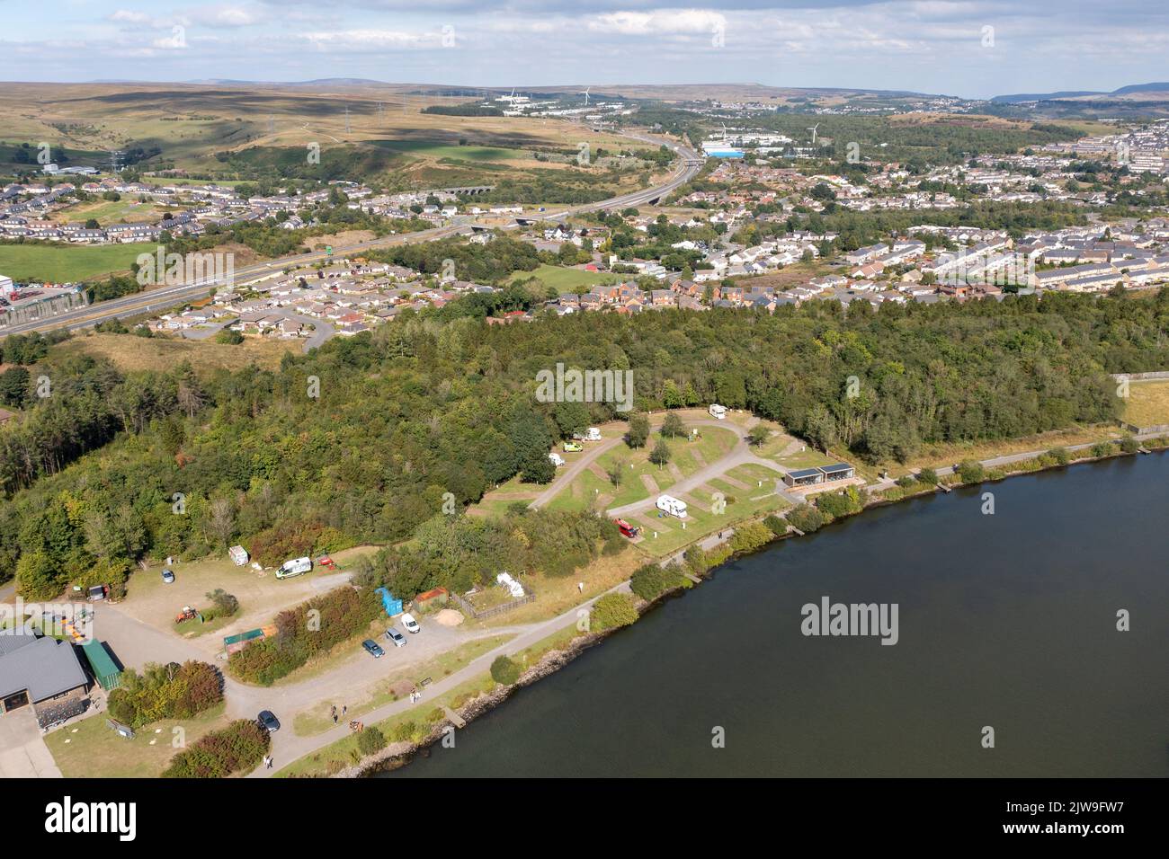 Aerial view of lakes and ponds in Gwent, South Wales, United Kingdom ...