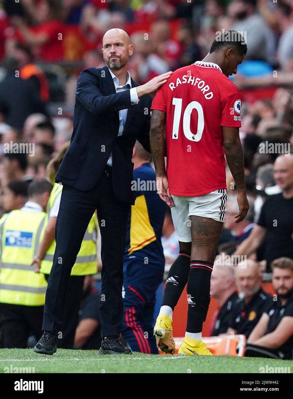 Manchester United manager Erik ten Hag embraces Marcus Rashford after he is substituted during ...