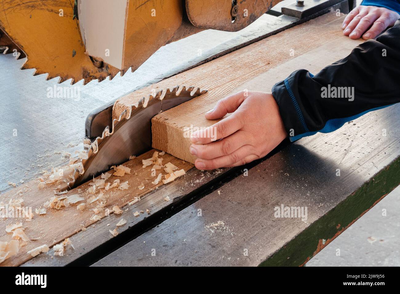The blade of a circular saw on the desktop cuts a pine board Stock ...