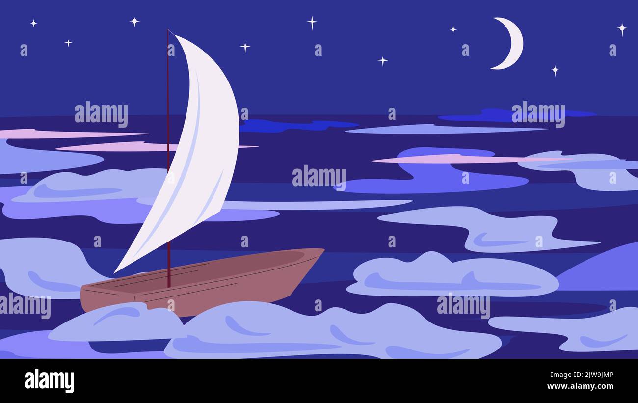 Sailboat sails in ocean at night by moon and starry sky. Acid trendy ...