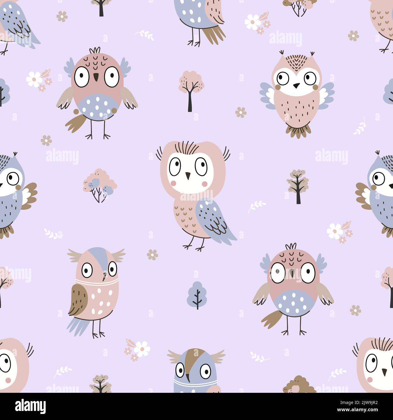 Cute owls seamless pattern. Owl background, cartoon print with forest ...