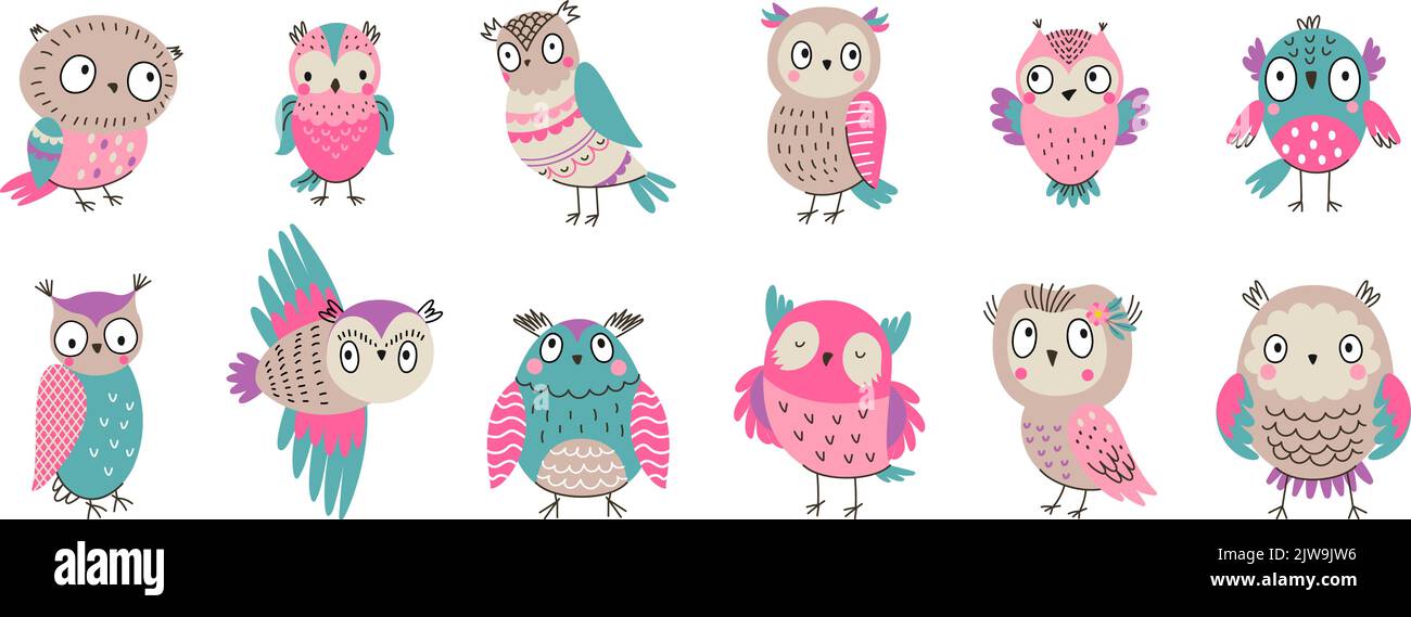Cartoon owl characters. Cute owls set, spring forest birds. Happy wild ...