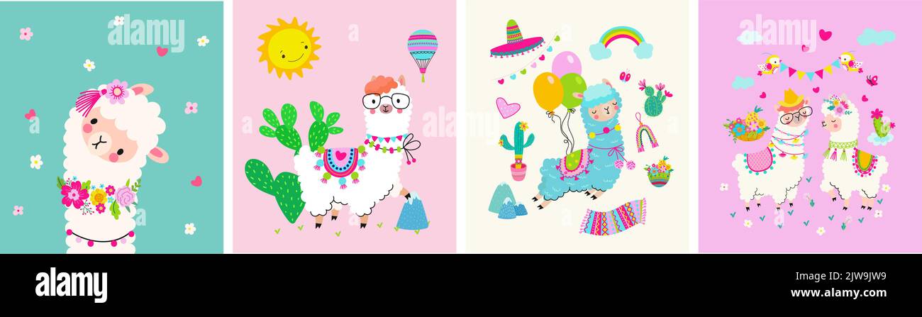 Baby design cute alpaca postcards. Llama birthday party banners with ...