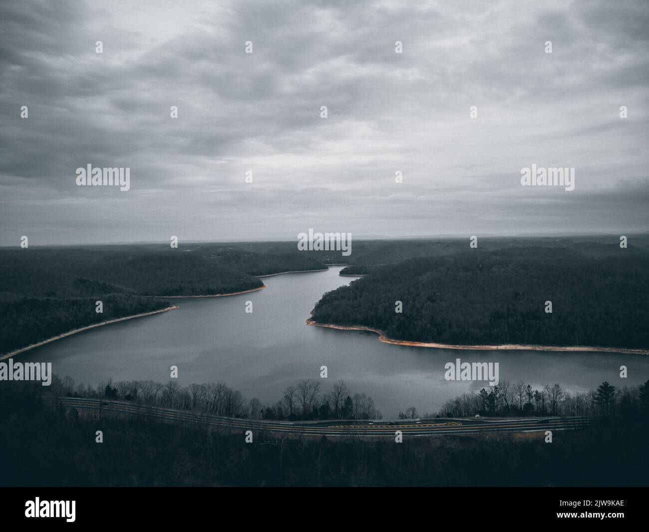 The gloomy landscape with the river and shoreline with dense vegetation ...