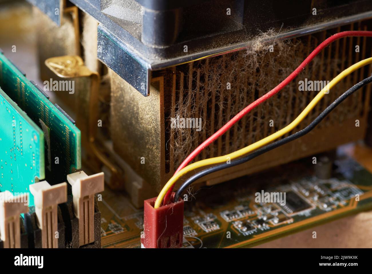 A thick layer of dust covers the internal electronic components of the ...
