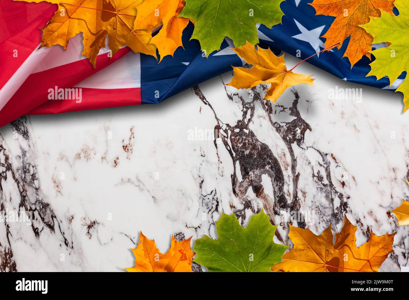 fall leaves sit on on American flag Stock Photo - Alamy