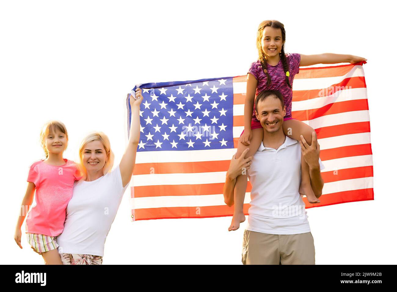 Happy young family with national flags of USA Stock Photo - Alamy