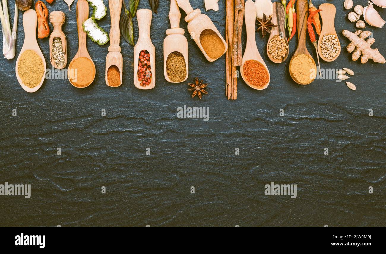 A top view of food ingredients against black background Stock Photo - Alamy