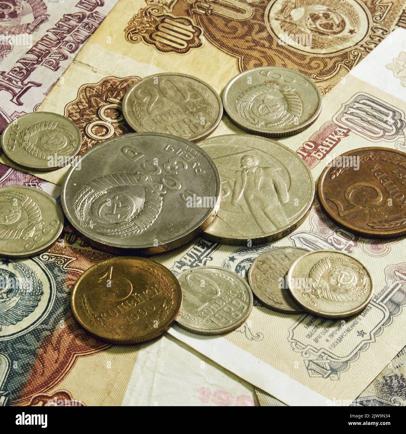 Old money of the USSR close-up. Macro photography of retro coins of the ...