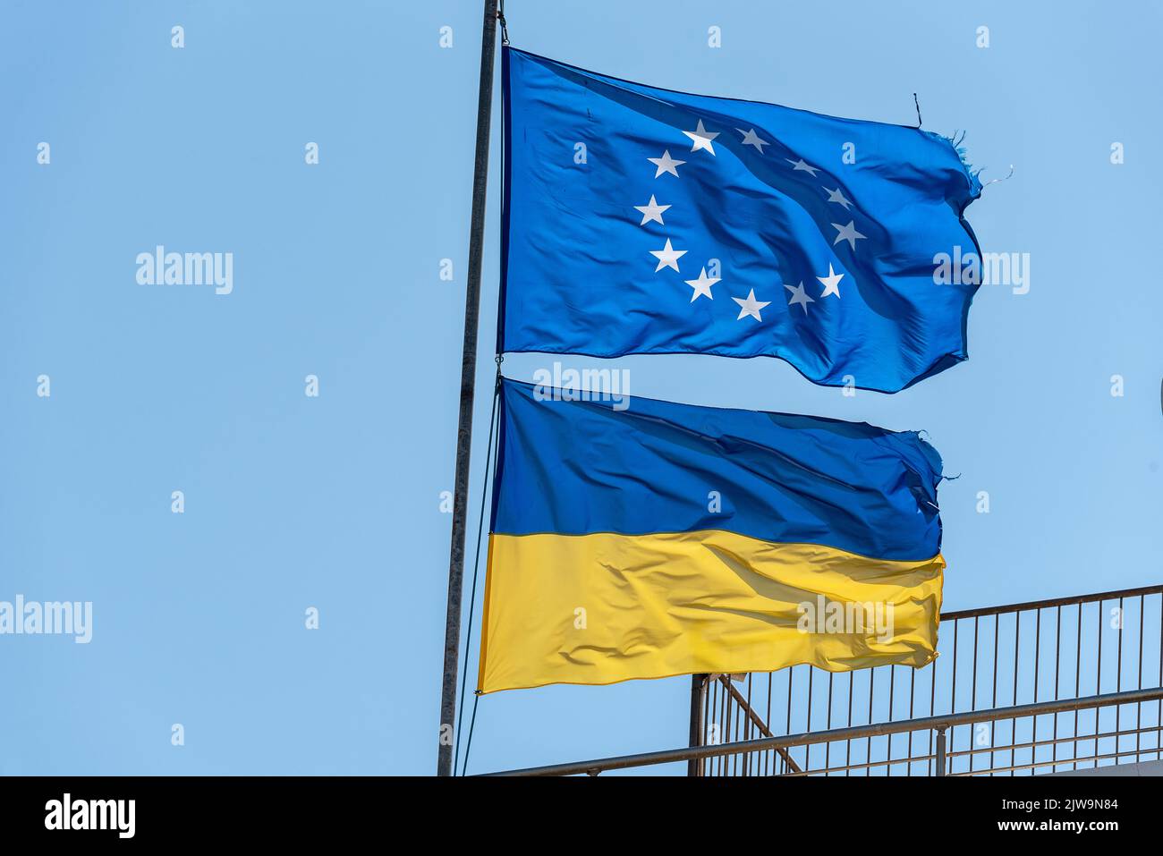 Flags of Ukraine and European Union. Yellow-blue state Ukrainian and ...