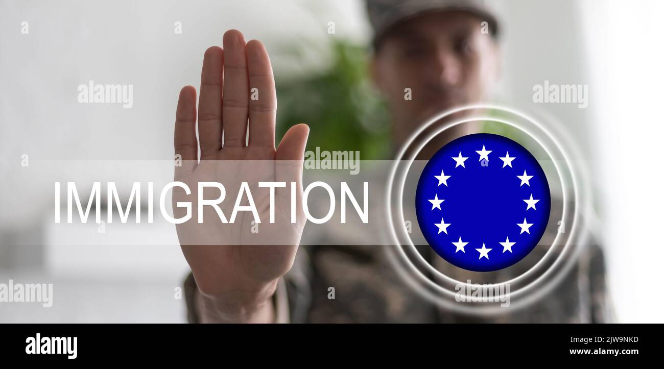 Flag of European Union, EU flag and the inscription immigration Stock ...