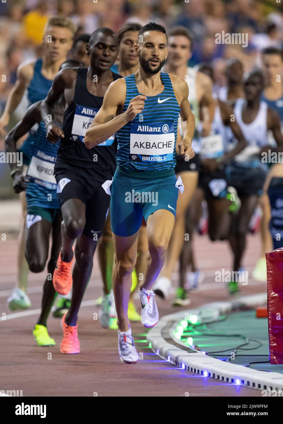 Mounir Akbache of France competing in the men's 5000m during the Allianz Memorial Van Damme 2022 ...