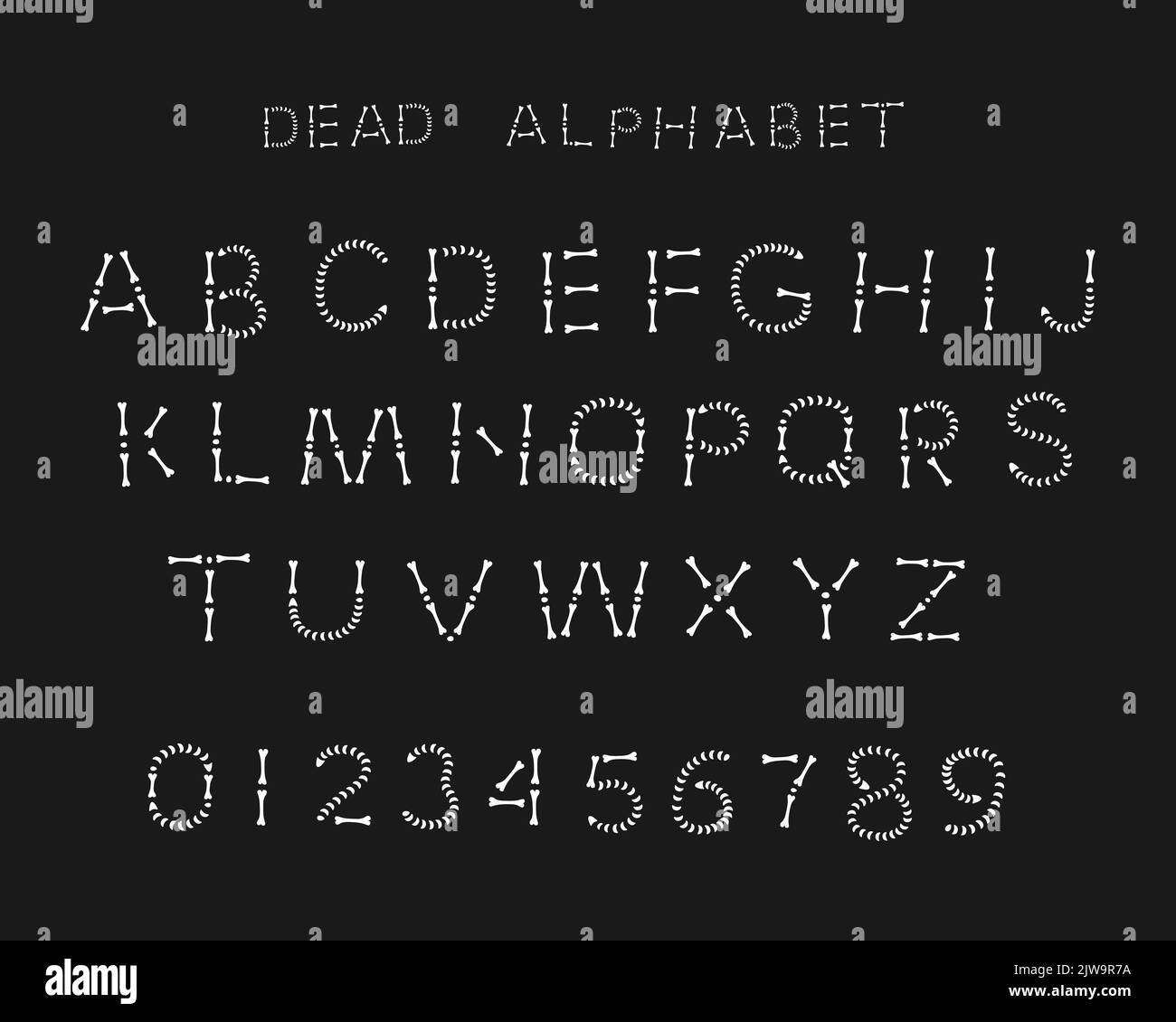 Alphabet And Numbers Made Of Silhouettes Bones On A Black Background