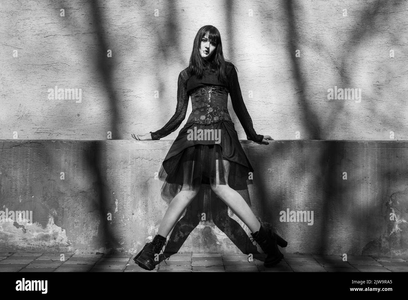 A pretty female in a gothic style dress looking at camera in the park ...