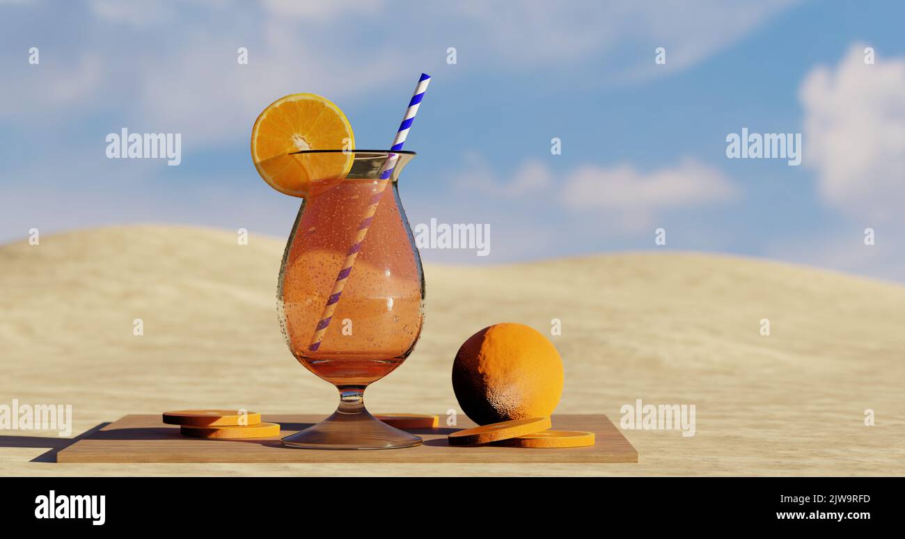 Orange juice in brandy glass covered with droplets, decorated by orange ...