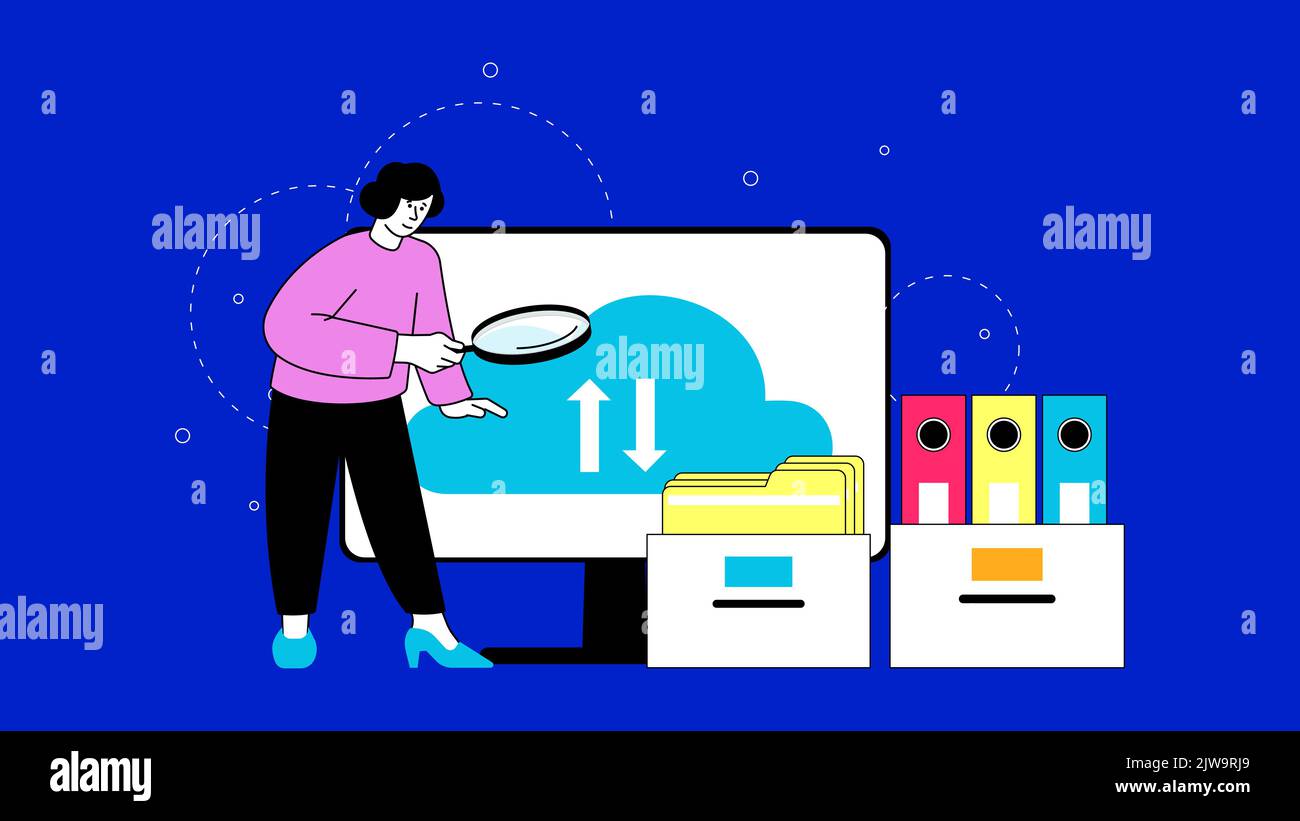 Woman looking files with magnifying glass. Digital storage and data ...