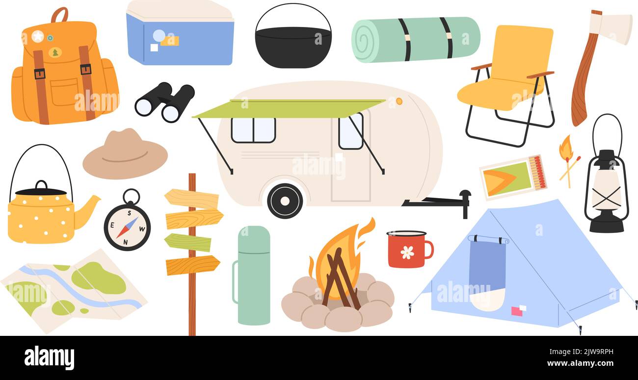 Camping outdoor elements and tools. Holiday recreation on nature tens ...