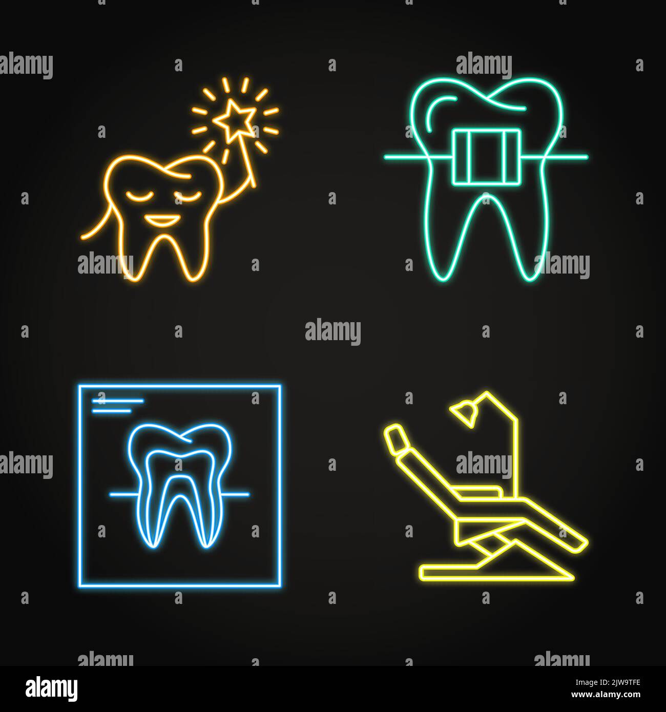 Dental clinic icon set in neon line style. Teeth care and diagnostics ...