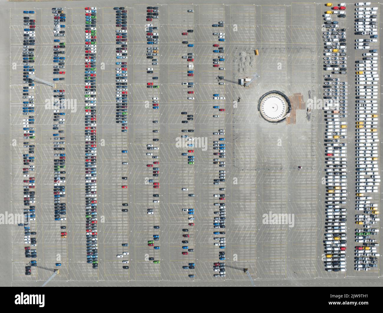 Top down aerial view of import and export car automobile storage in ...