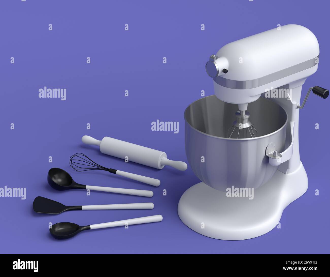 Mixer with kitchen utensil for preparation of dough on violet ...