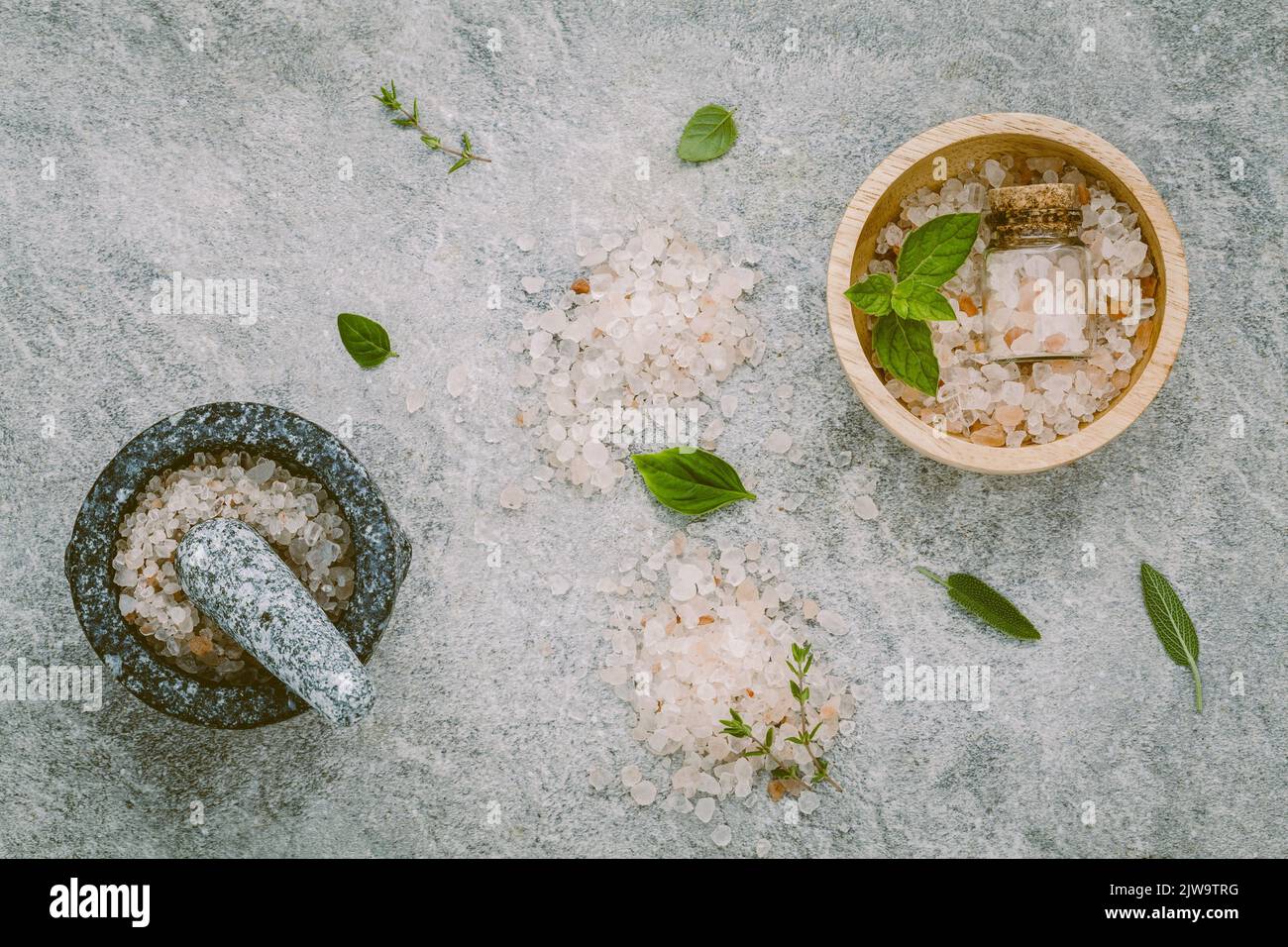 A marble mortar and pestle filled with big grains of salt Stock Photo ...