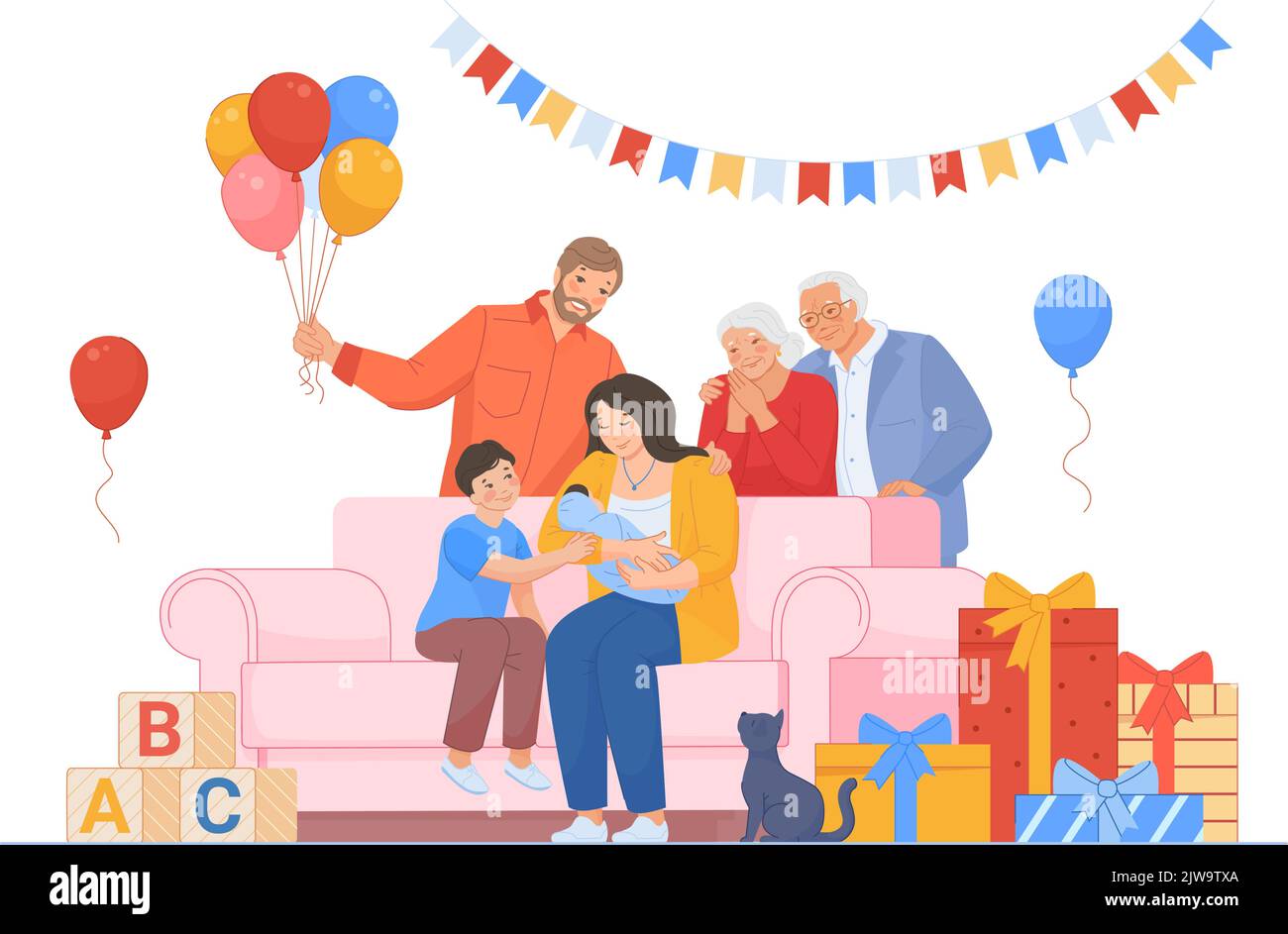 Birth infant party. Baby shower, newborn arrive in family home, meeting ...