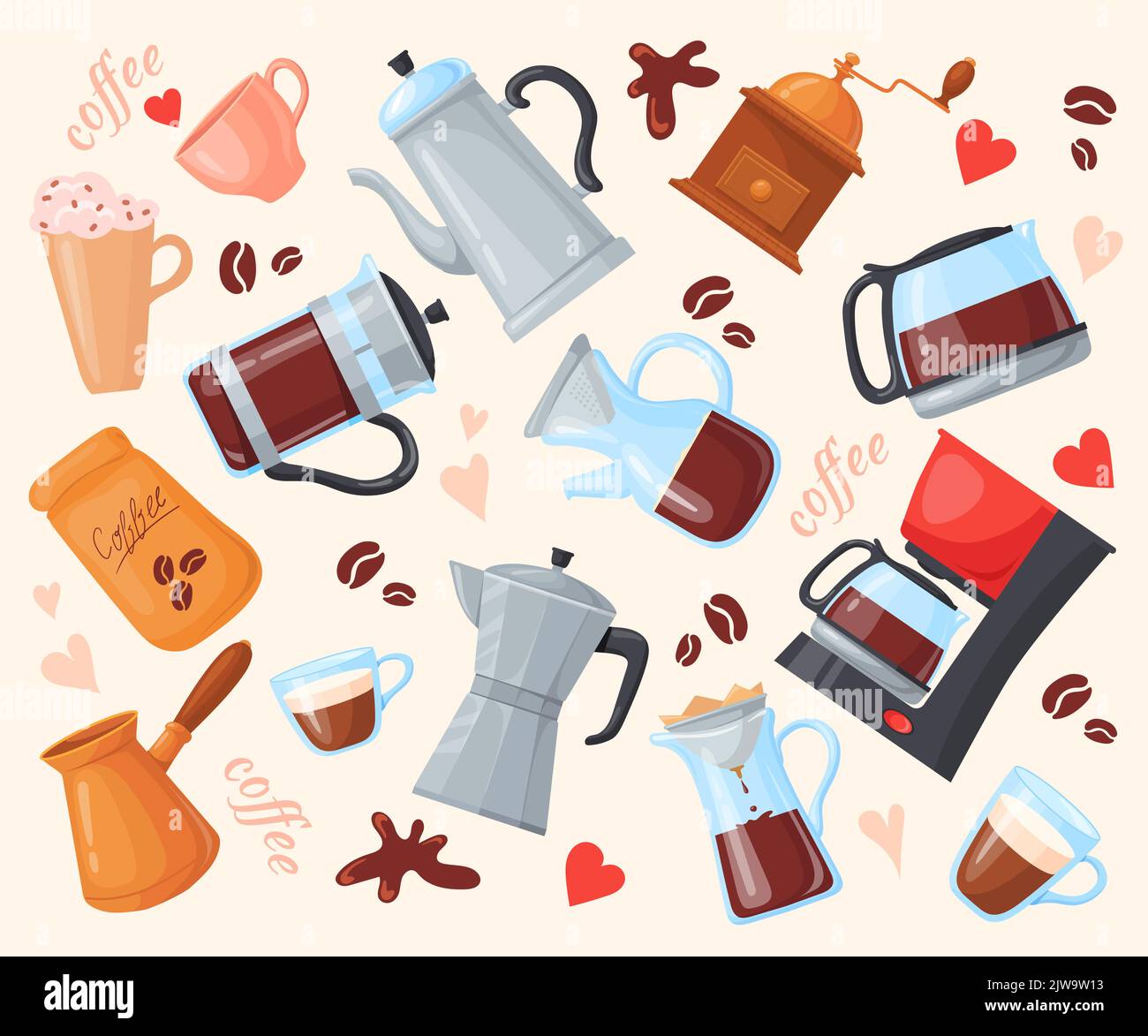 Cartoon coffee tools. Scandinavian utensils moka brew kettle grinder ...