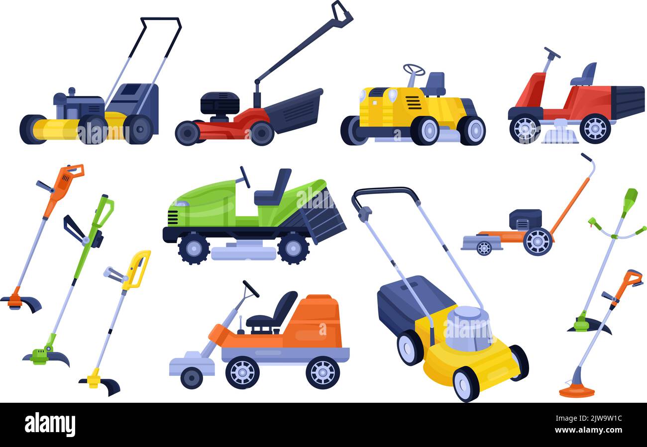 Lawnmower machine. Garden machines mowing lawn leaves, trimmer grass ...