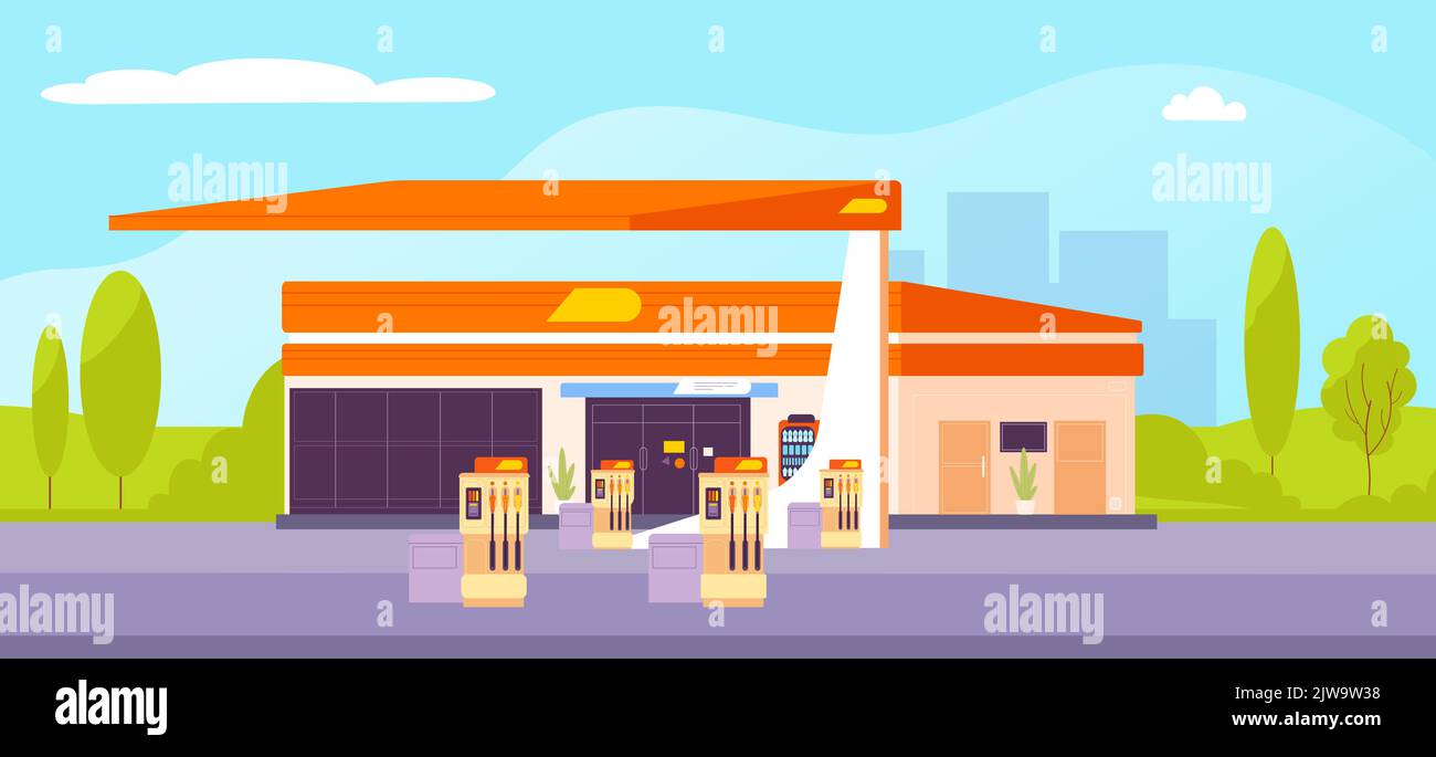 Petrol station building. City fuel stations on road background, cartoon ...