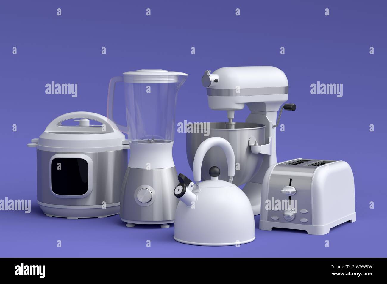 Electric kitchen appliances and utensils for making breakfast on violet ...