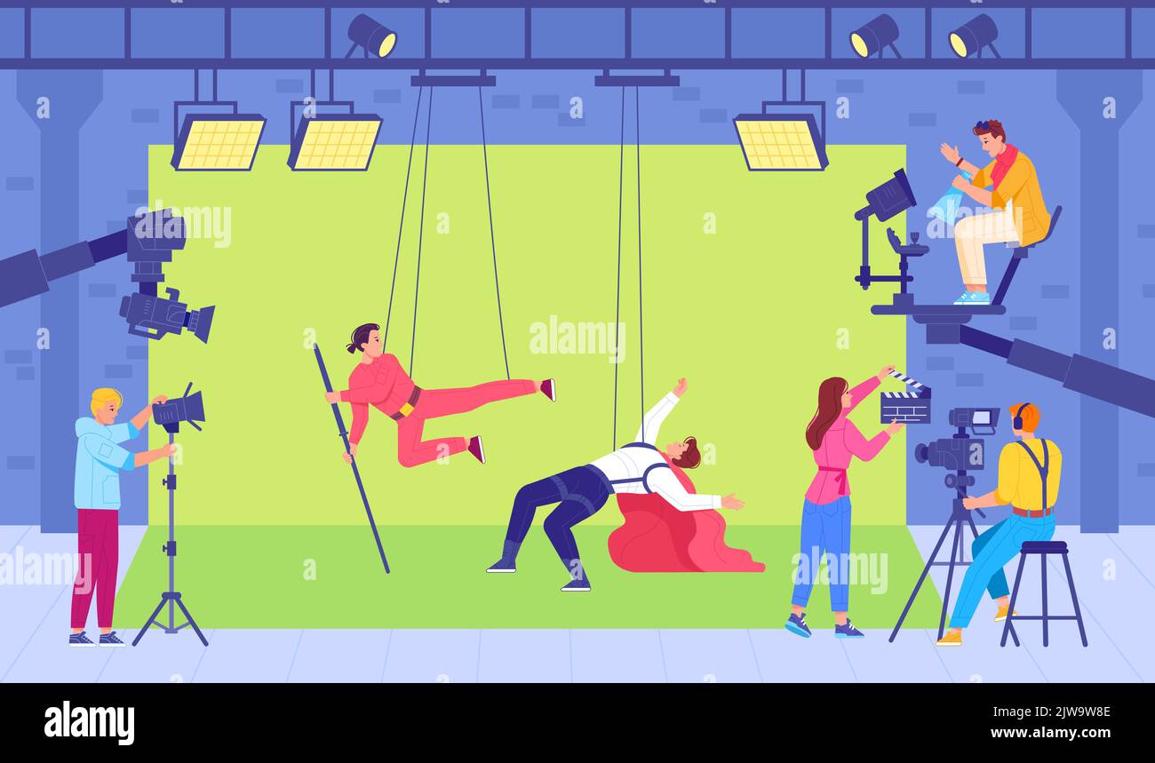 Shooting action scene. Cinema shoot of actor stunt, movie director film ...