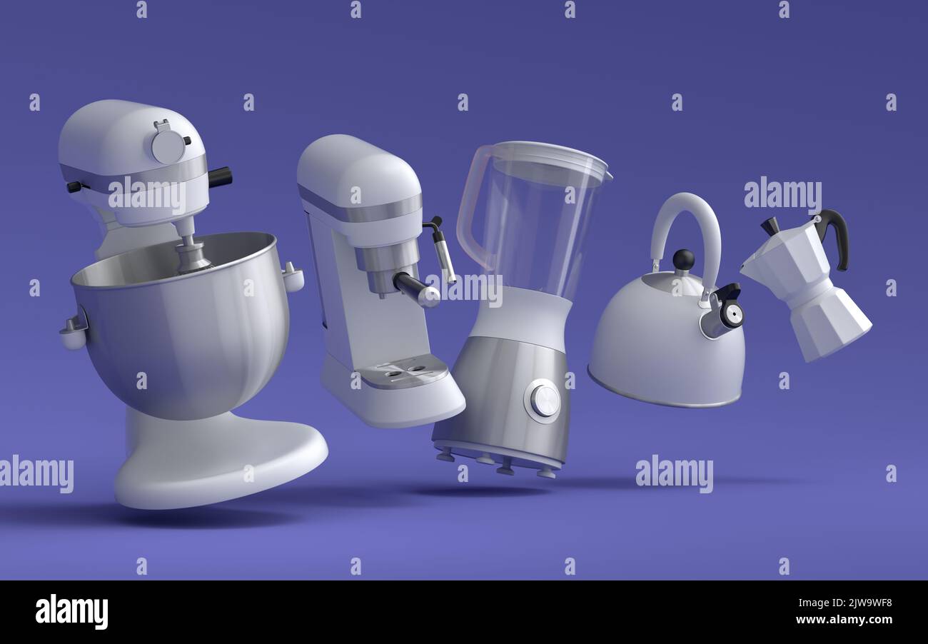 Electric kitchen appliances and utensils for making breakfast on violet ...