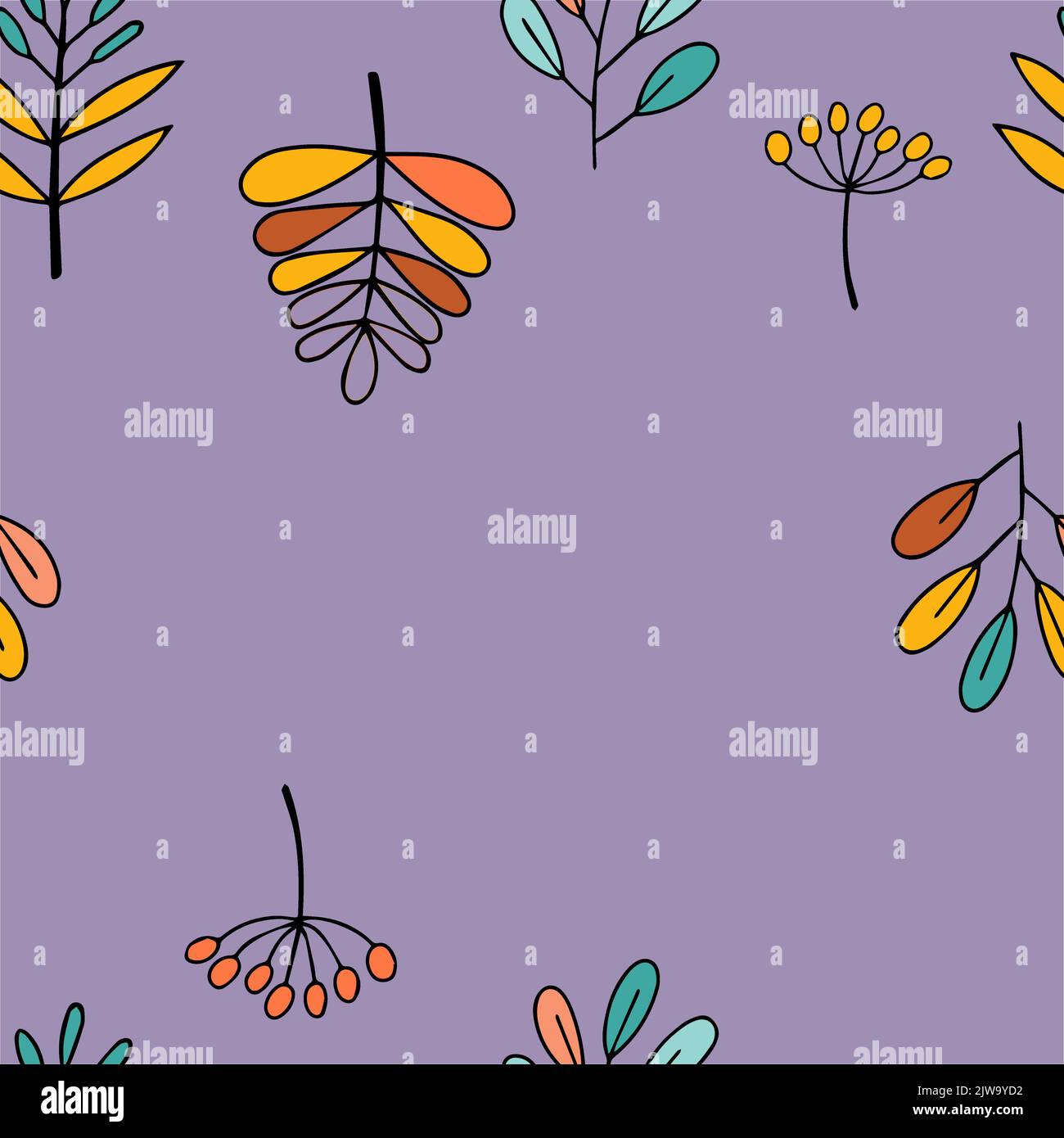 Colorful autumn leaves on a seamless purple background. Hello, Autumn ...