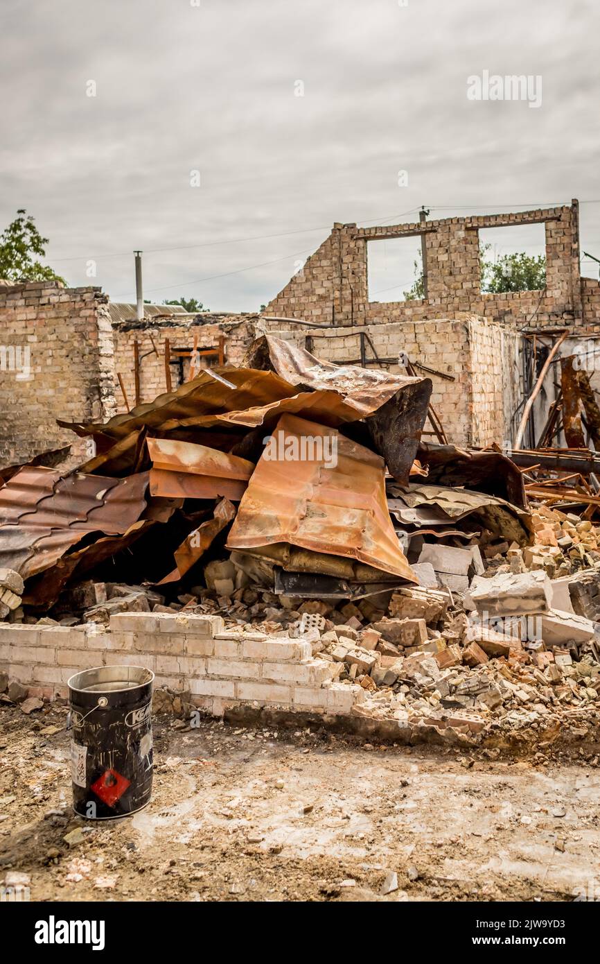 Ruined house. Ruins of a residential building. Brick walls. War in ...