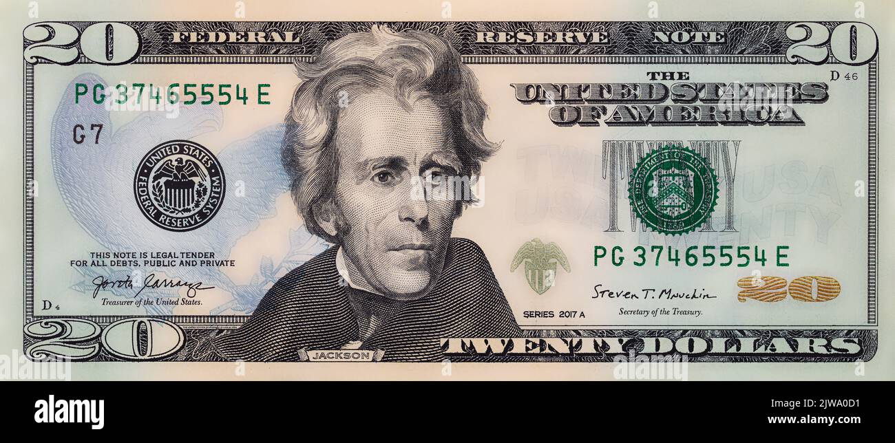 Closeup of front side of 20 dollar banknote for design purpose Stock ...