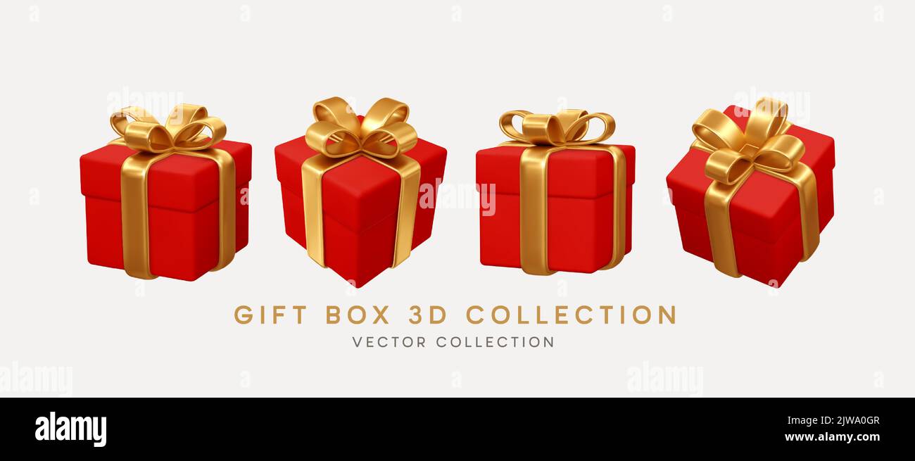 2023 3d Realistic Red Gift Boxes with Gold Ribbon Gift Bow Set ...
