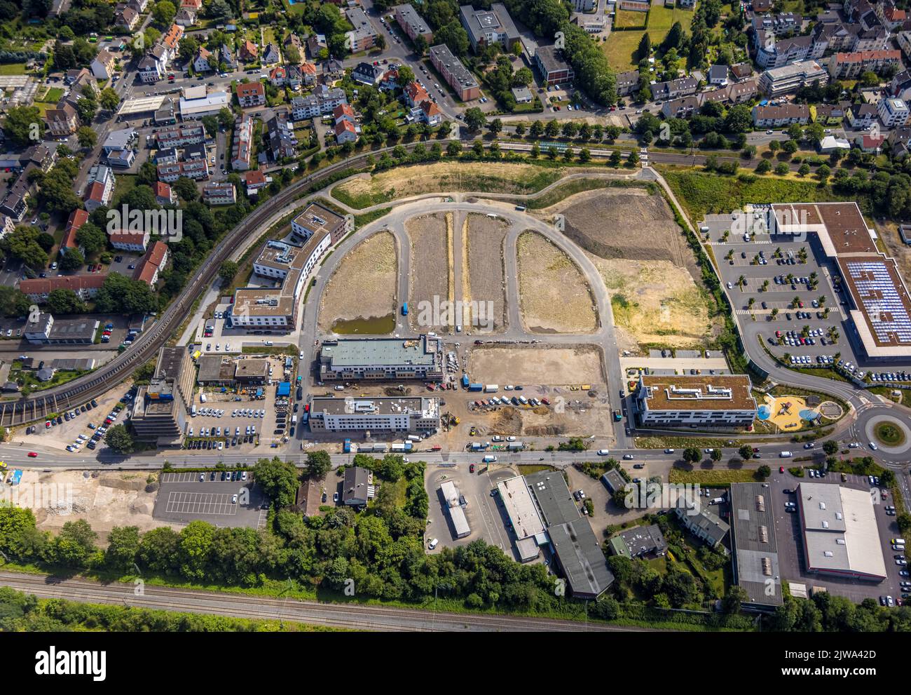 Aerial view, construction site Hombrucher Bogen for commercial areas ...