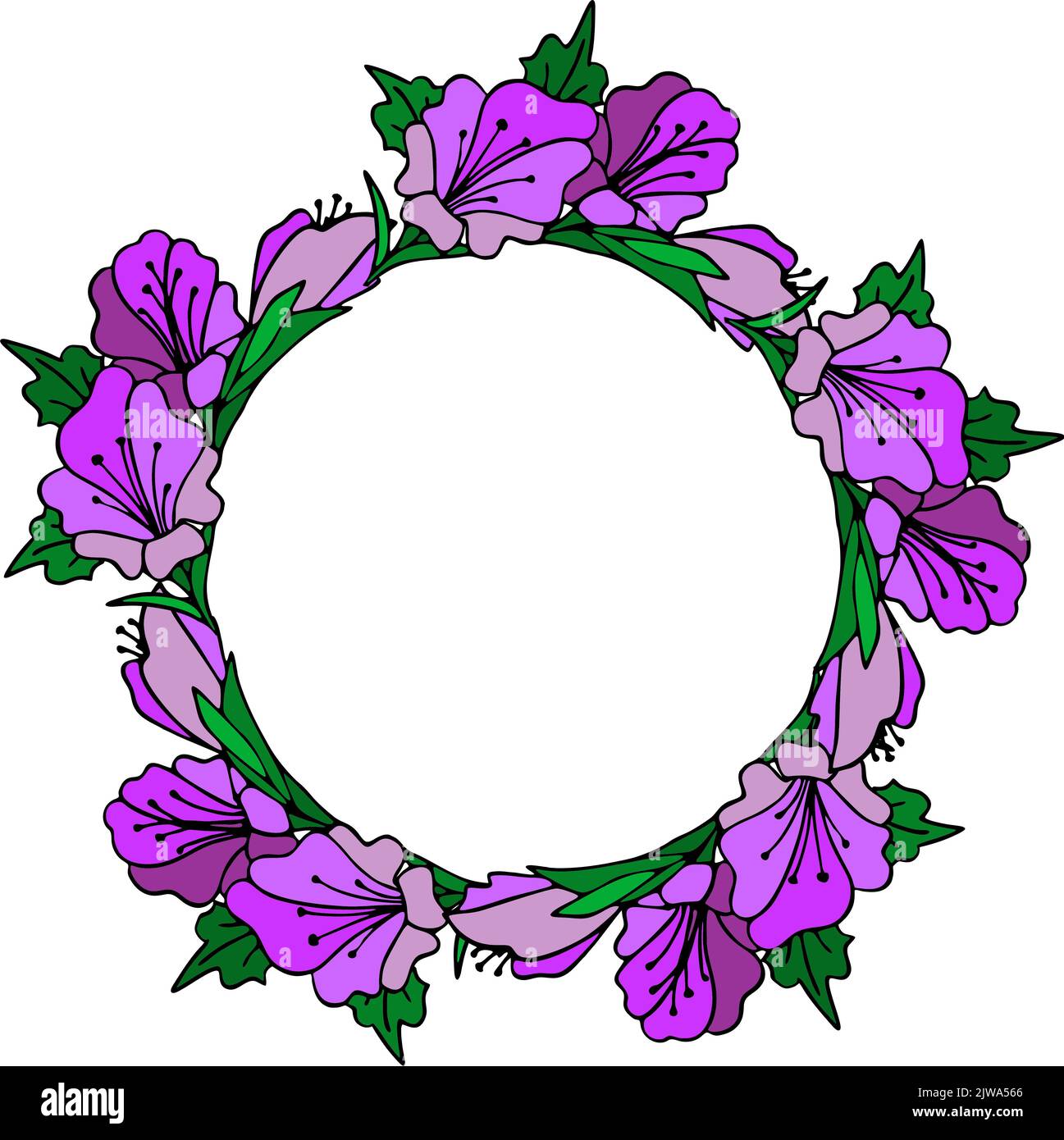 floral frame of large purple flower buds on a white background, border ...