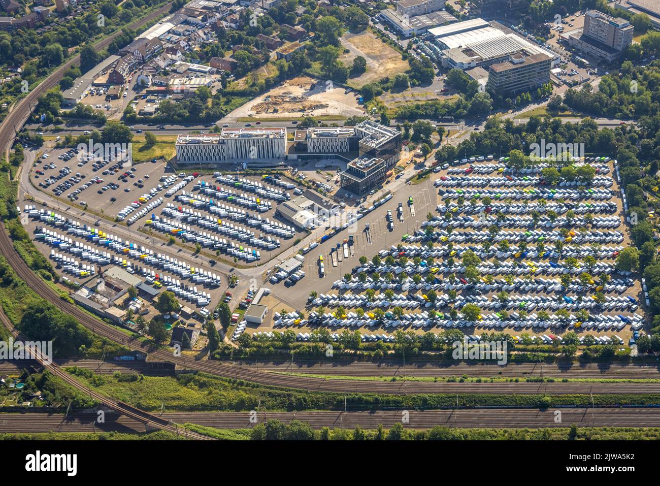 Aerial view, car warehouse Loading Mercedes parking lots, Mörsenbroich ...