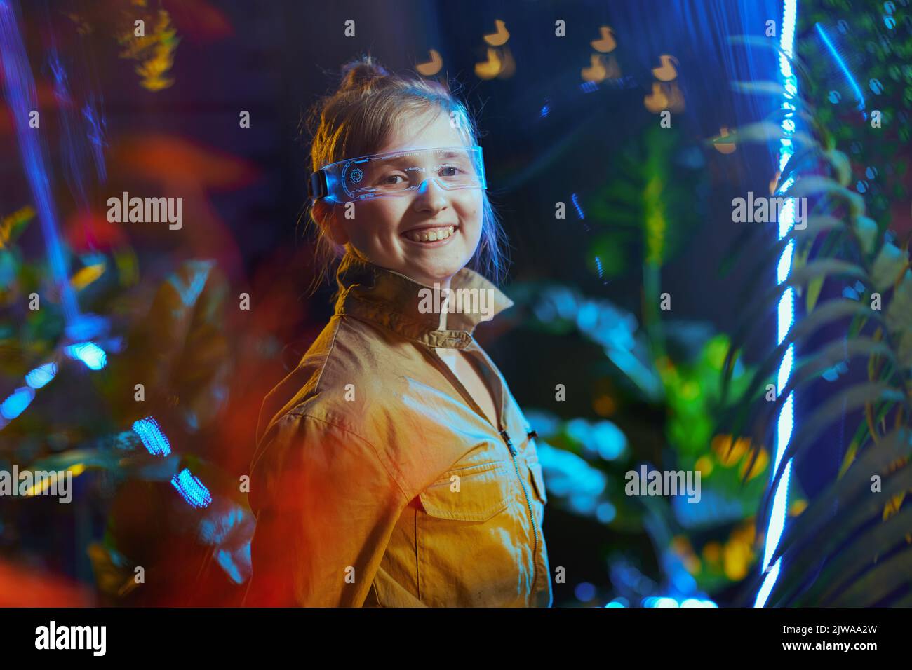 happy trendy child with futuristic glasses in virtual reality Stock ...