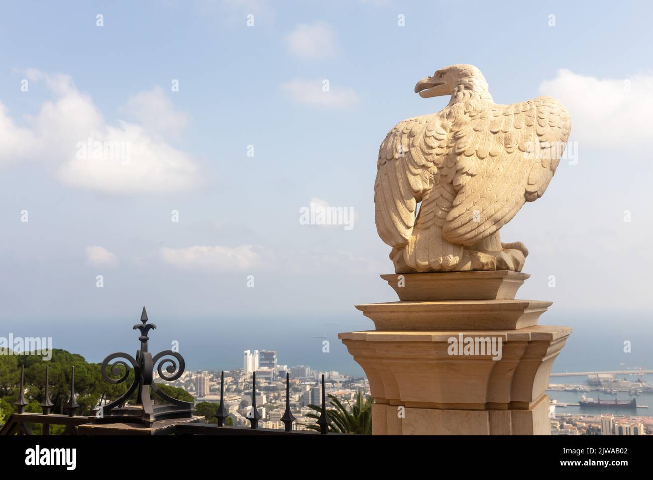 Haifa, Israel, August 12, 2022 : A decorative eagle statue is in the ...
