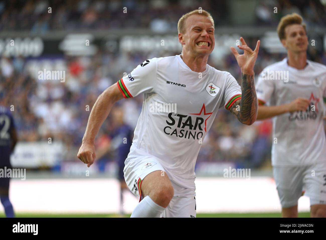 OHL's Jon Thorsteinsson celebrates after scoring during a soccer match ...