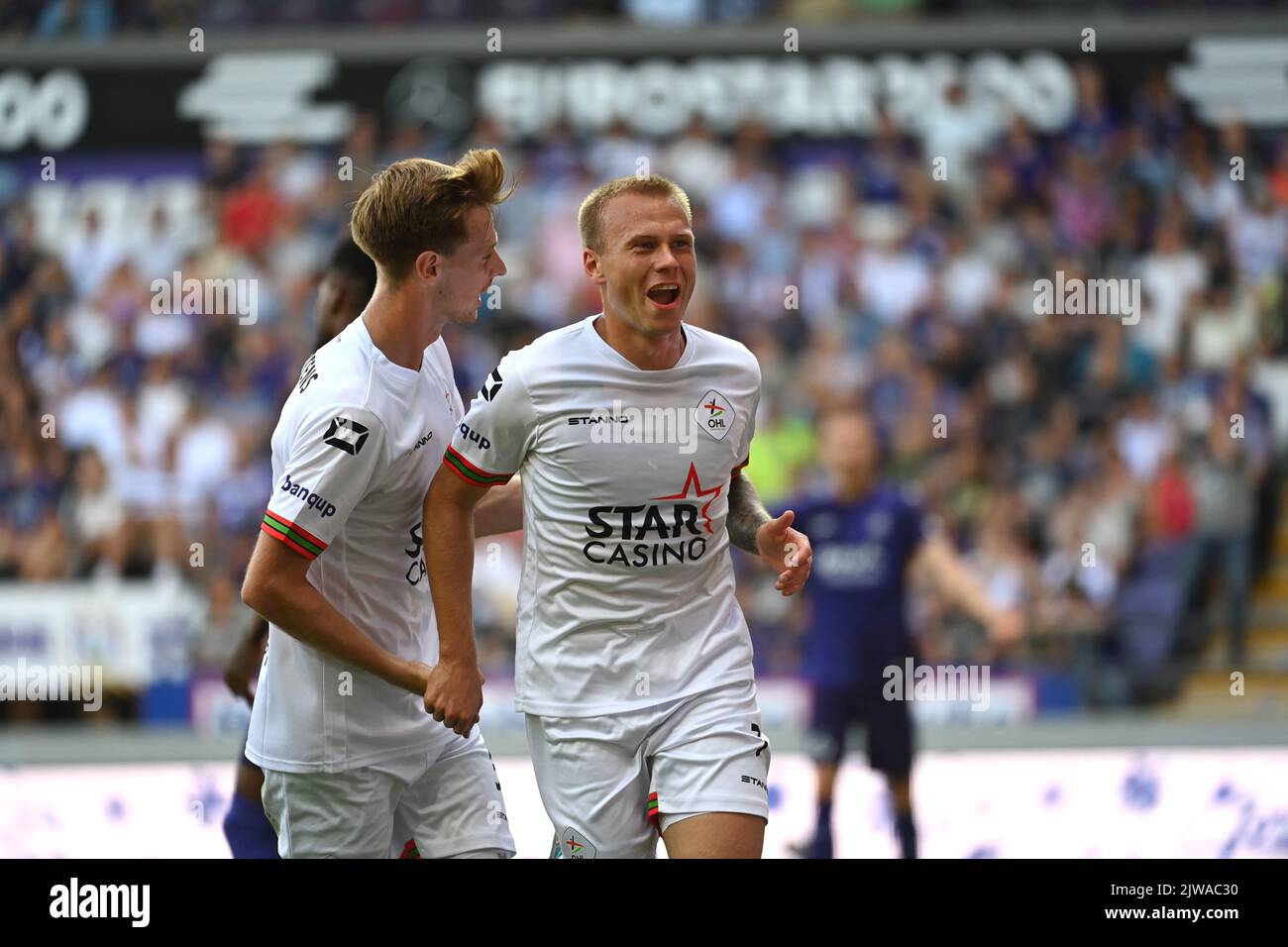 OHL's Jon Thorsteinsson celebrates after scoring during a soccer match ...